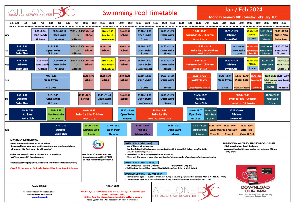 Pool Timetable from January 8th - Athlone Sports Centre