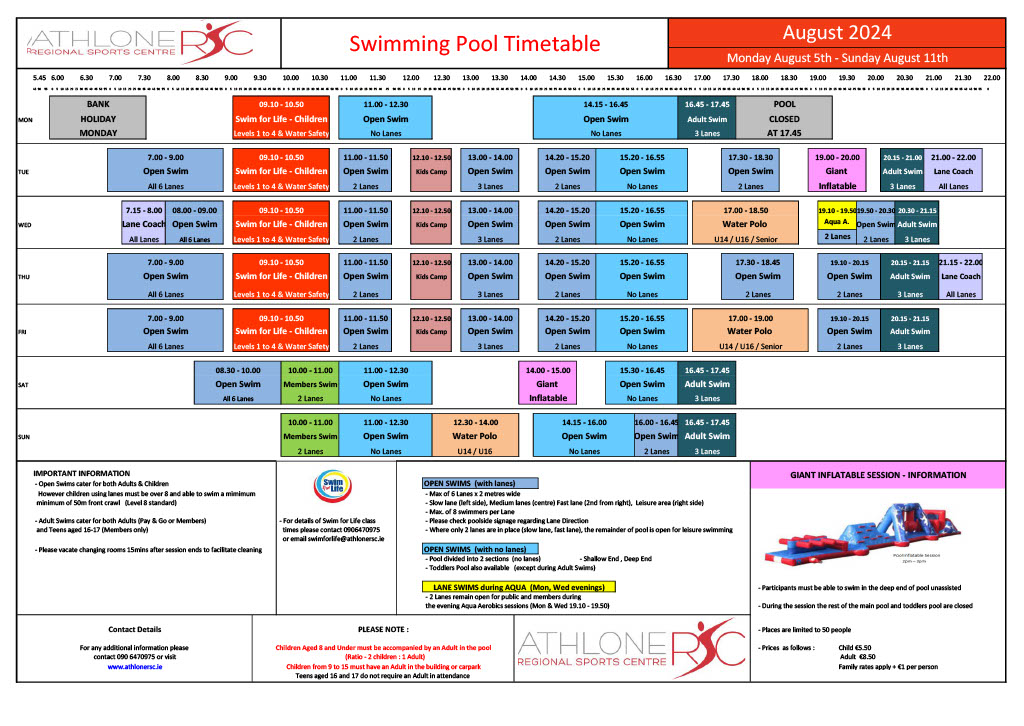 Athlone Regional Sports Centre Swimming Timetable | Swimming Athlone ...