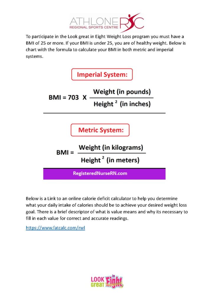 BMI and Calorie calculations - Athlone Sports Centre